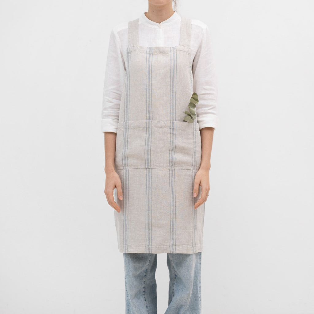 Grey Blue Wide Stripe Rustic Linen Crossback Apron – Linen Tales Global