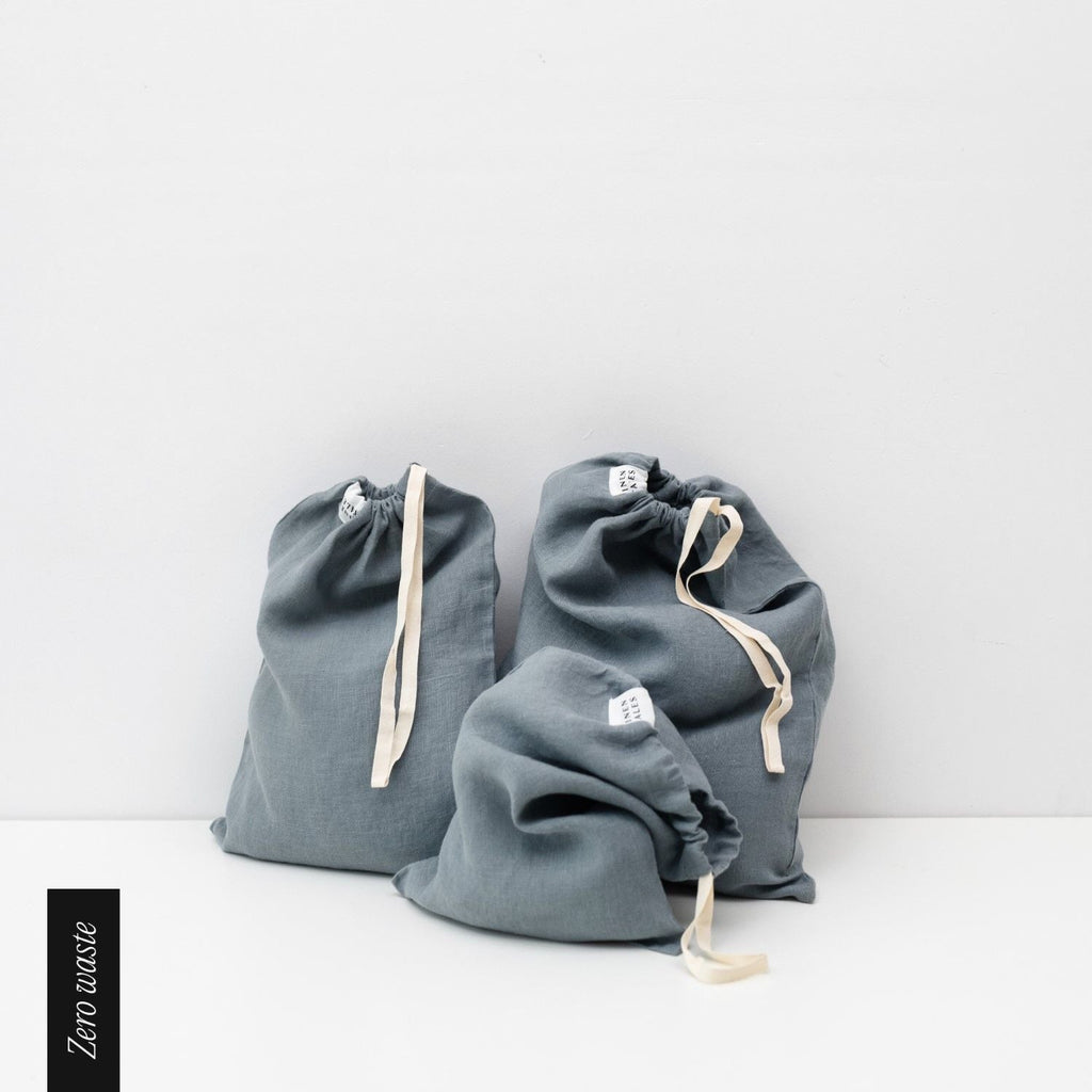 Zero Waste Blue Fog Linen Drawstring Bags Set of 3 – Linen Tales Global