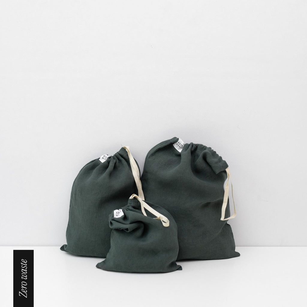 Zero Waste Forest Green Linen Drawstring Bags Set of 3 – Linen Tales Global