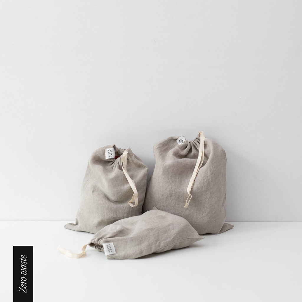 Zero Waste Natural Linen Drawstring Bags Set of 3 – Linen Tales Global