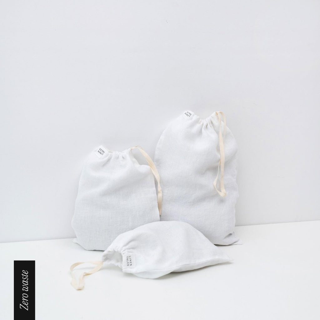 Zero Waste White Linen Drawstring Bags Set of 3 – Linen Tales